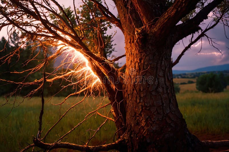 Tree Struck by Lightning in Violent Thunder Storm Stock Illustration ...