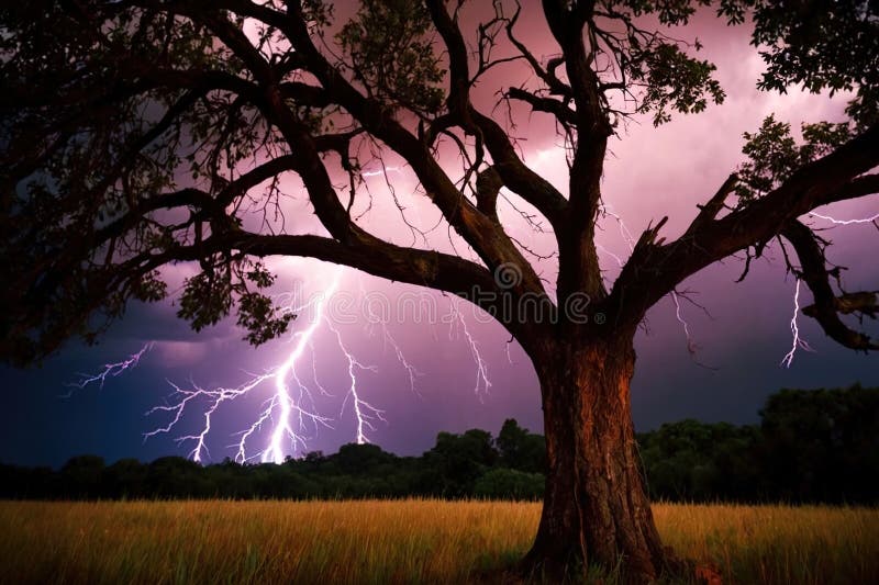 Tree Struck by Lightning in Violent Thunder Storm Stock Illustration ...
