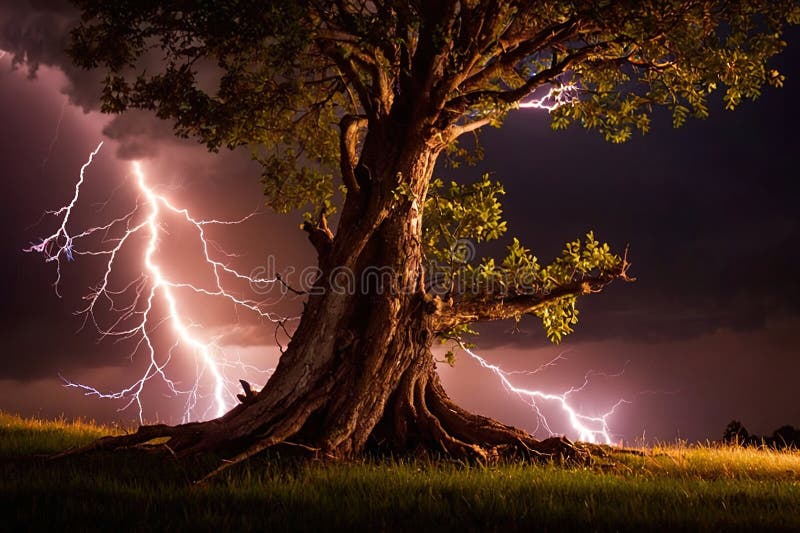 Tree Struck by Lightning in Violent Thunder Storm Stock Illustration ...