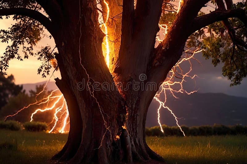 Tree Struck by Lightning in Violent Thunder Storm Stock Illustration ...