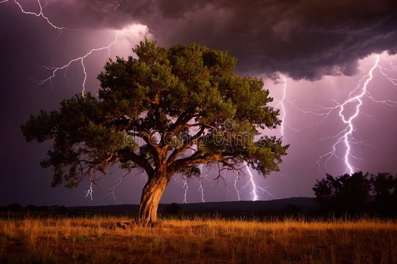 Tree Struck by Lightning in Violent Thunder Storm Stock Illustration ...