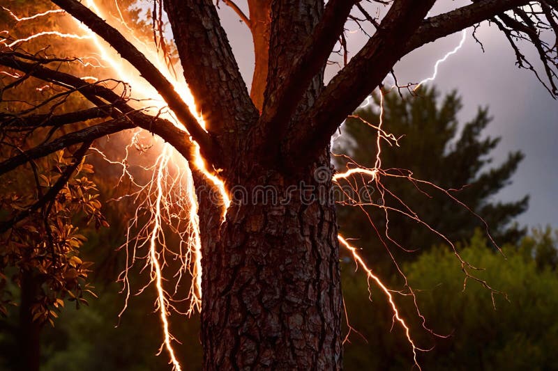 Tree Struck by Lightning in Violent Thunder Storm Stock Illustration ...
