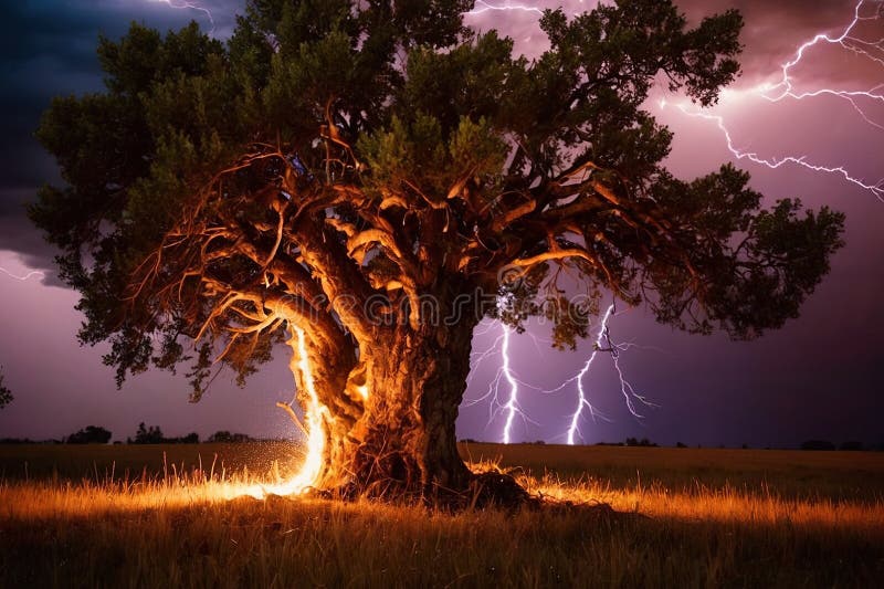Tree Struck by Lightning in Violent Thunder Storm Stock Illustration ...