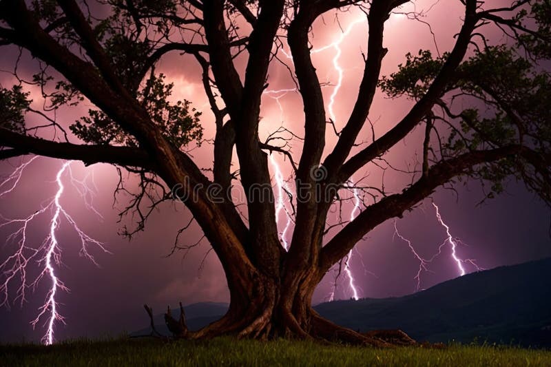 Tree Struck by Lightning in Violent Thunder Storm Stock Illustration ...