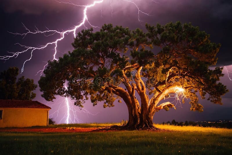 Tree Struck by Lightning in Violent Thunder Storm Stock Illustration ...