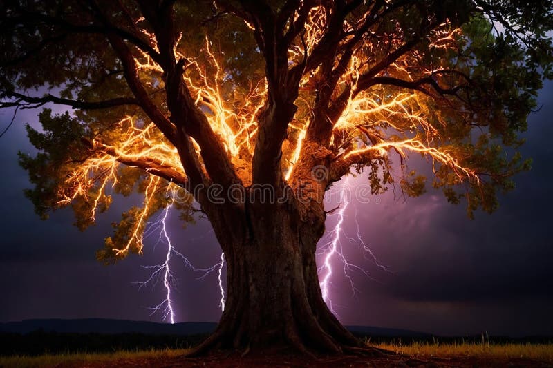 Tree Struck by Lightning in Violent Thunder Storm Stock Illustration ...