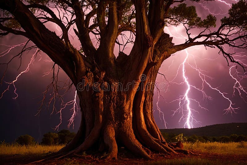 Tree Struck by Lightning in Violent Thunder Storm Stock Illustration ...