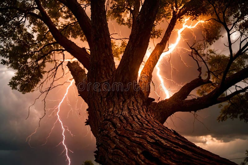 Tree Struck by Lightning in Violent Thunder Storm Stock Illustration ...