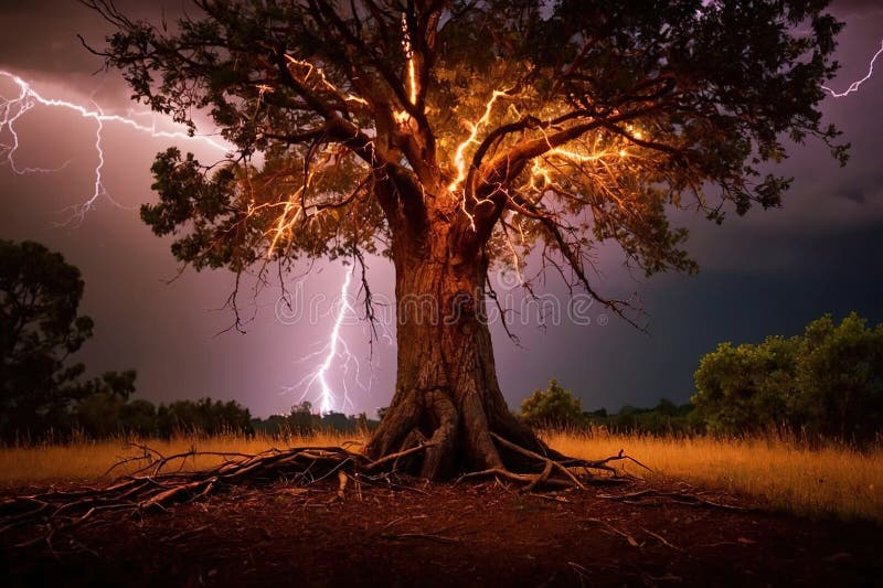 Tree Struck by Lightning in Violent Thunder Storm Stock Illustration ...