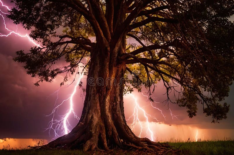 Tree Struck by Lightning in Violent Thunder Storm Stock Illustration ...