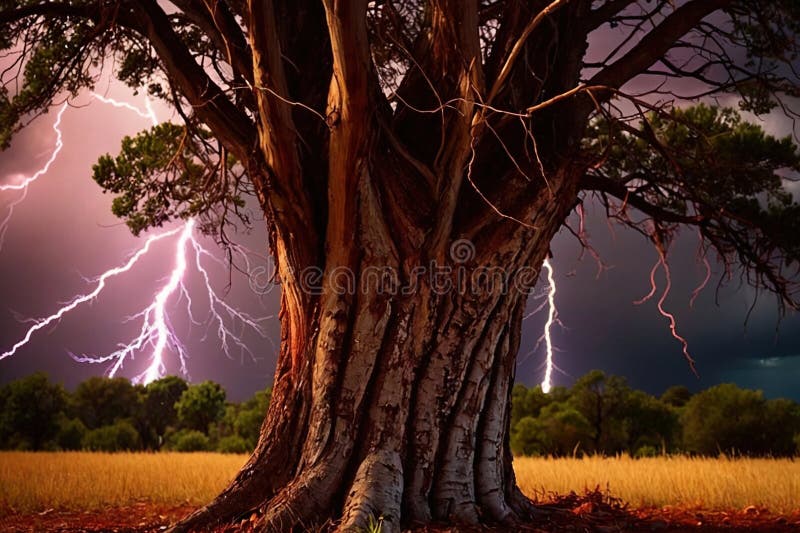 Tree Struck by Lightning in Violent Thunder Storm Stock Illustration ...