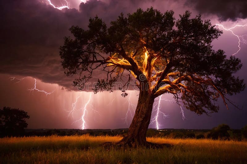 Tree Struck by Lightning in Violent Thunder Storm Stock Illustration ...