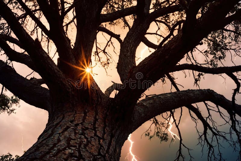 Tree Struck by Lightning in Violent Thunder Storm Stock Illustration ...