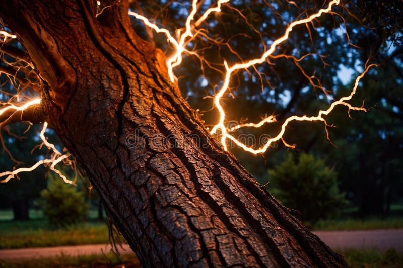 Tree Struck by Lightning in Violent Thunder Storm Stock Illustration ...