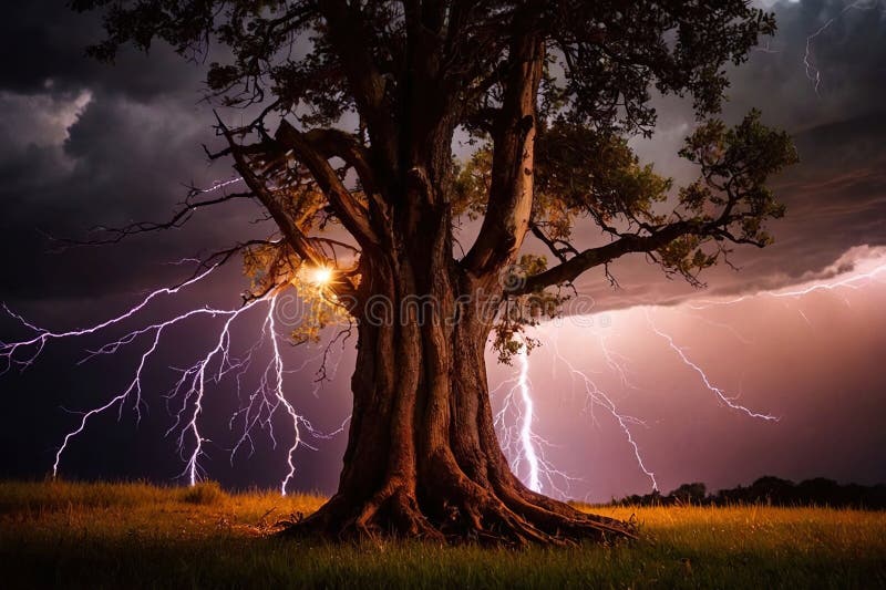 Tree Struck by Lightning in Violent Thunder Storm Stock Illustration ...