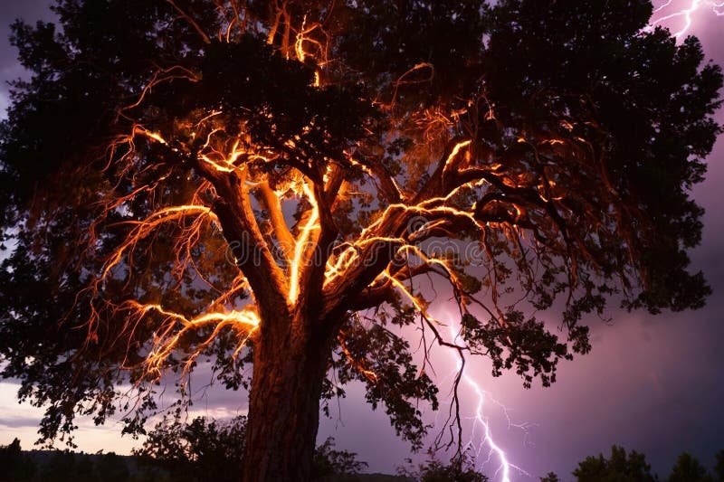 Tree Struck by Lightning in Violent Thunder Storm Stock Illustration ...