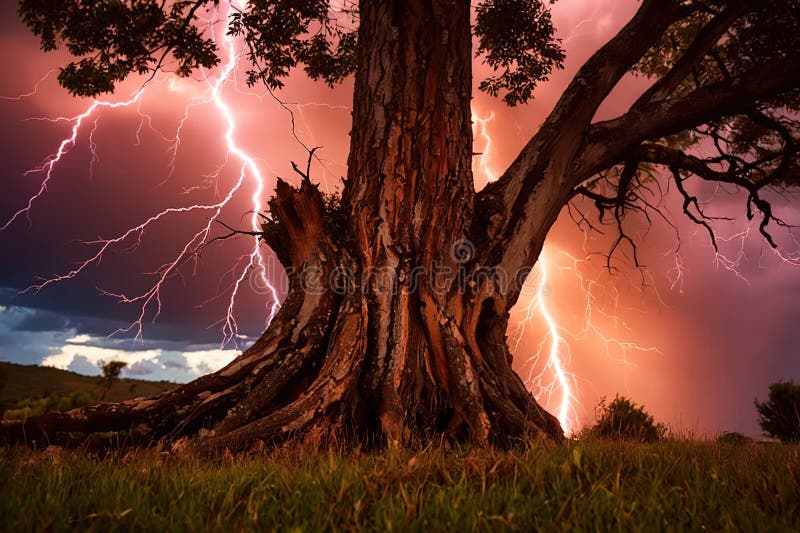 Tree Struck by Lightning in Violent Thunder Storm Stock Illustration ...
