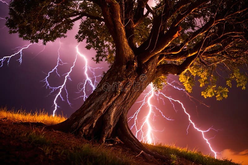 Tree Struck by Lightning in Violent Thunder Storm Stock Illustration - Illustration of thunder ...