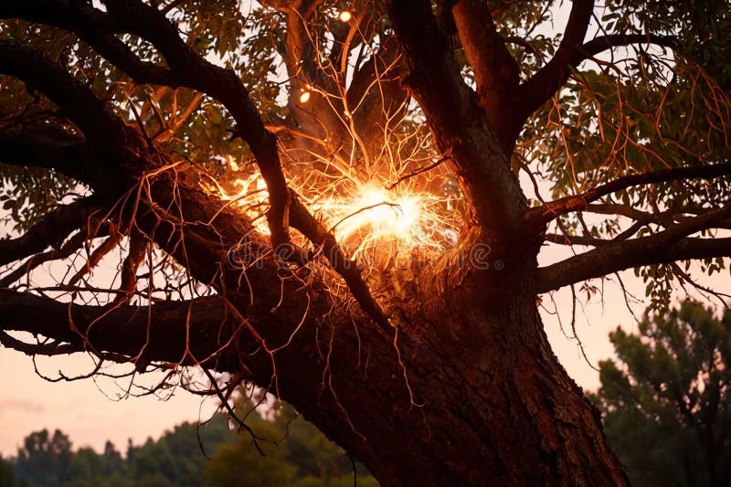 Tree Struck by Lightning in Violent Thunder Storm Stock Illustration ...