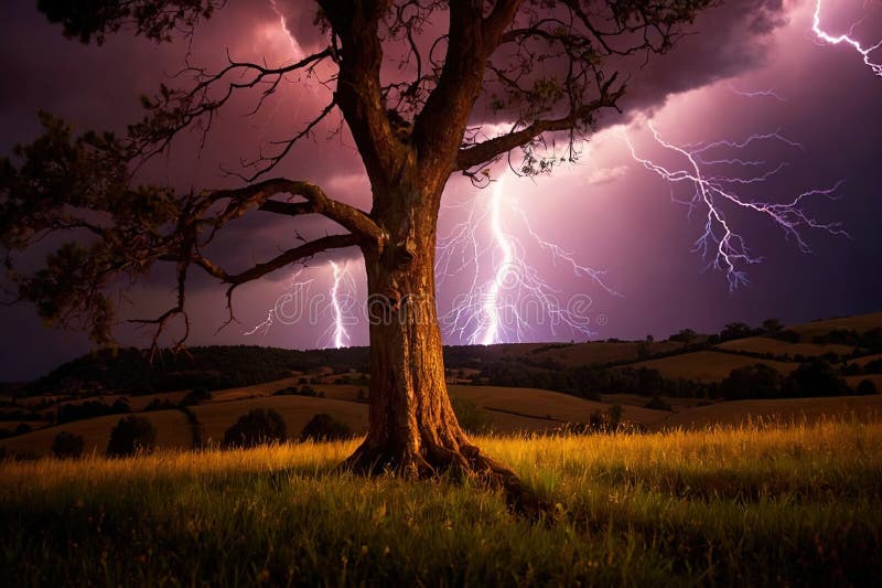 Tree Struck by Lightning in Violent Thunder Storm Stock Illustration ...