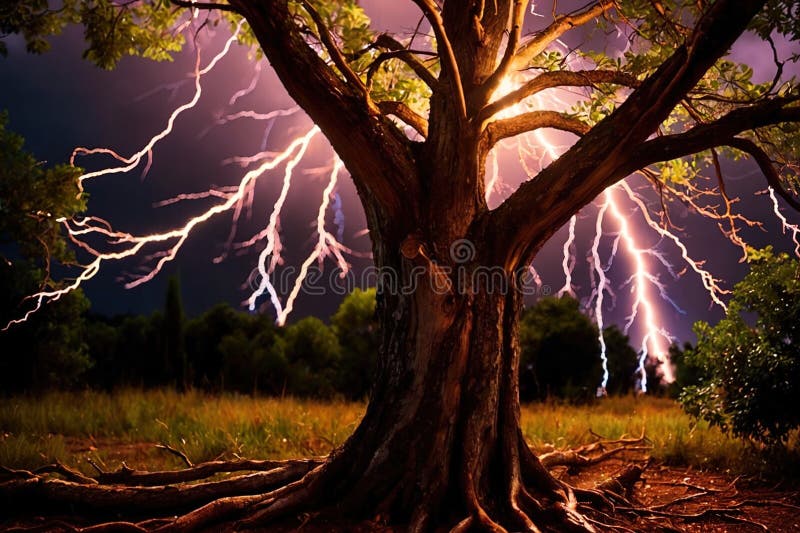 Tree Struck by Lightning in Violent Thunder Storm Stock Illustration ...