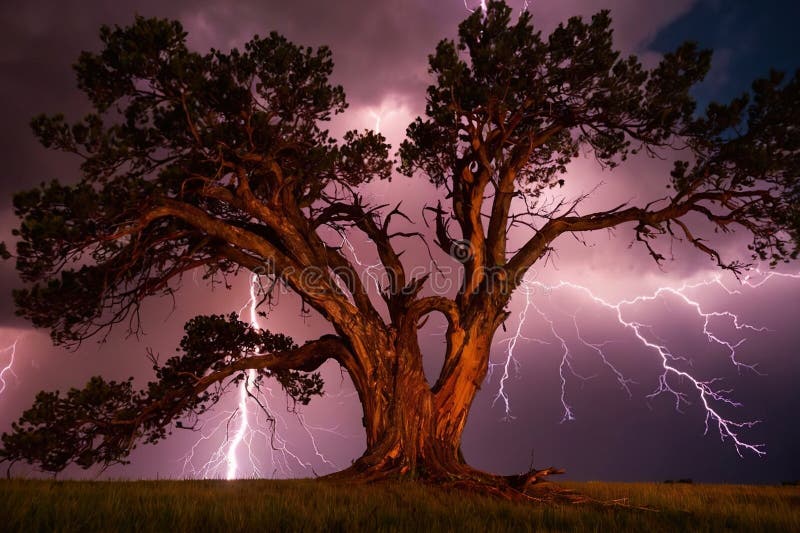 Tree Struck by Lightning in Violent Thunder Storm Stock Illustration ...