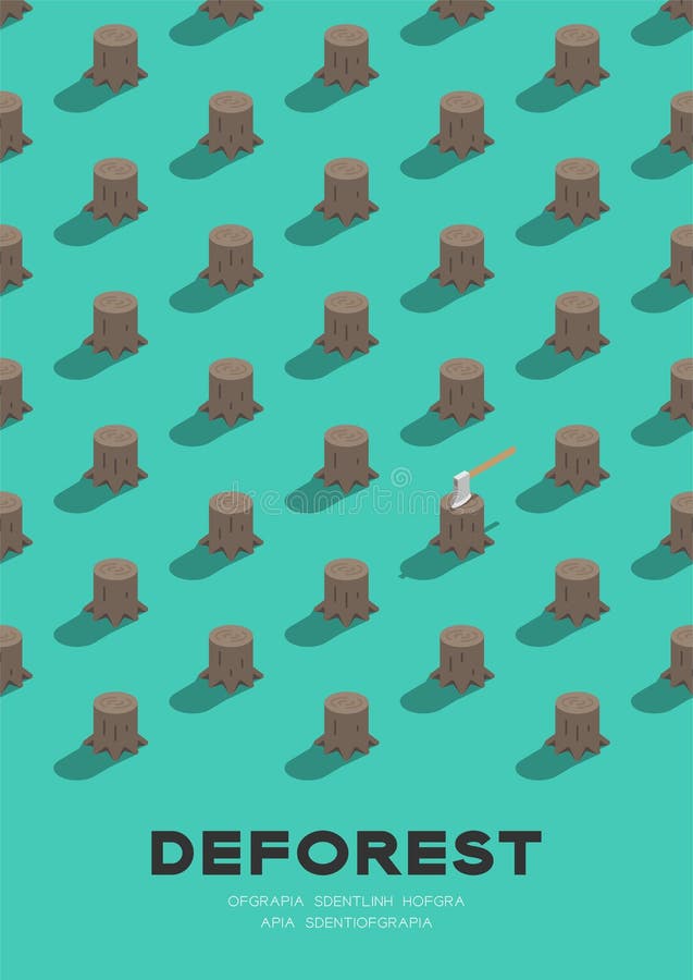 Tree Stump with Ax 3D Isometric Pattern, Deforestation Concept Poster ...
