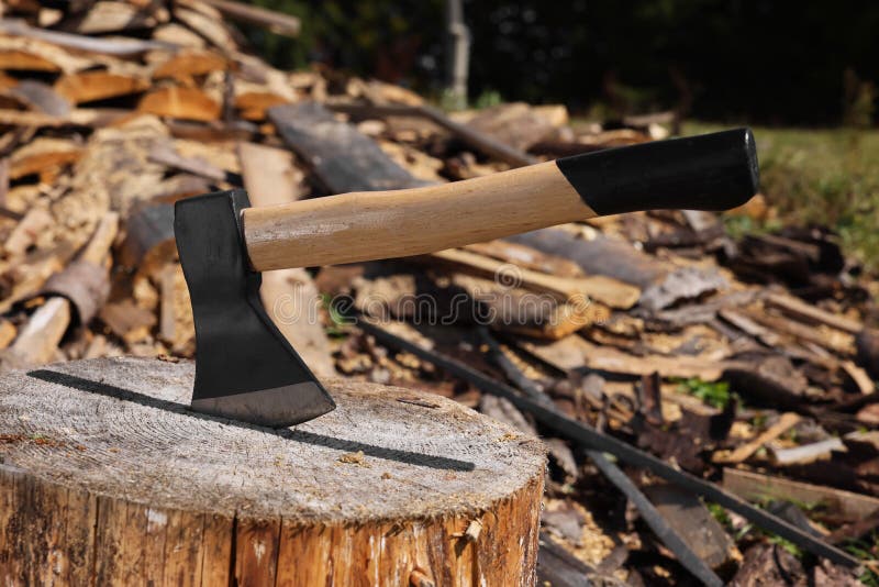 Tree Stump with Axe and Cut Firewood Outdoors Stock Image - Image of ...