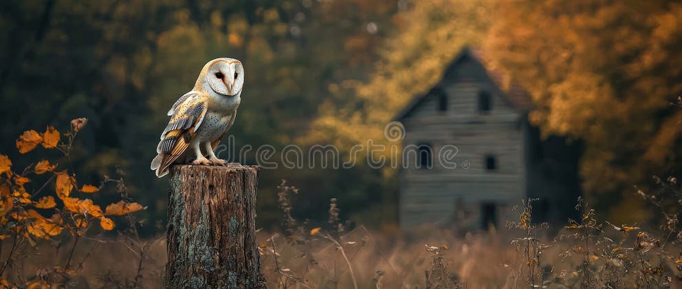 On a Tree Stump, a Barn Owl Perched, while a Rustic Cabin Stood in the ...