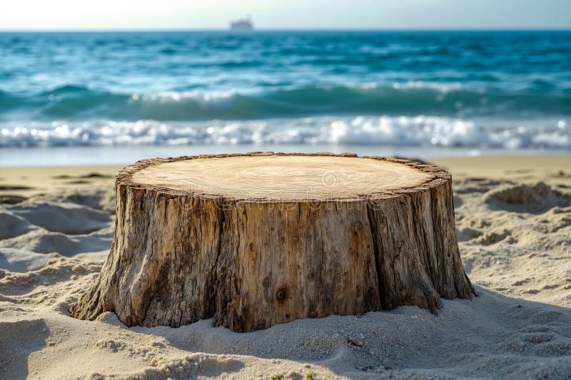 A Tree Stump on the Beach with a Ship in the Background Stock Image ...
