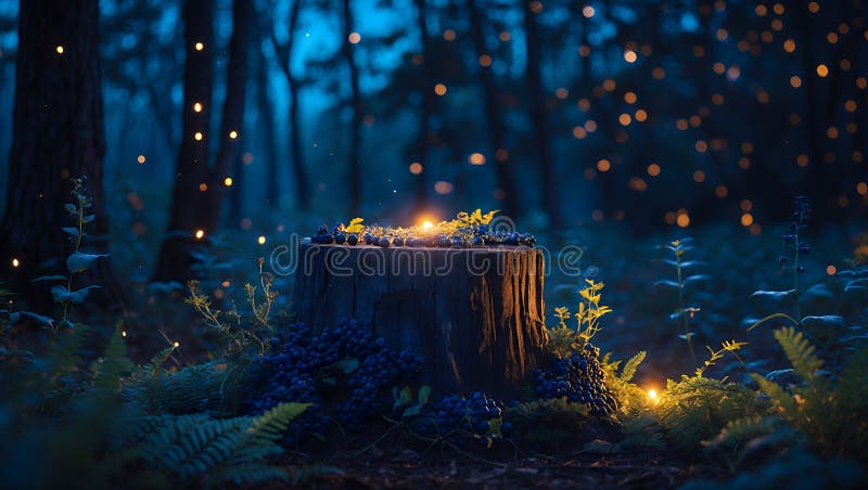 Enchanted Forest Night: Glowing Grapes on Tree Stump Stock Illustration ...