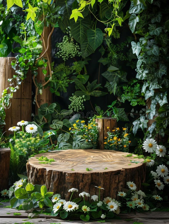 Tree Stump Covered with Flowers and Surrounded by Lush Greenery in a ...