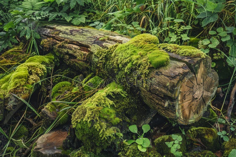 A Tree Stump Covered in Green Moss Stands in a Dense Forest Setting ...
