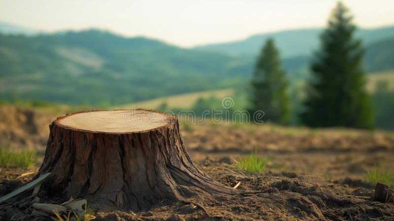 Tree Stump in Deforested Landscape, Symbolizing Environmental ...