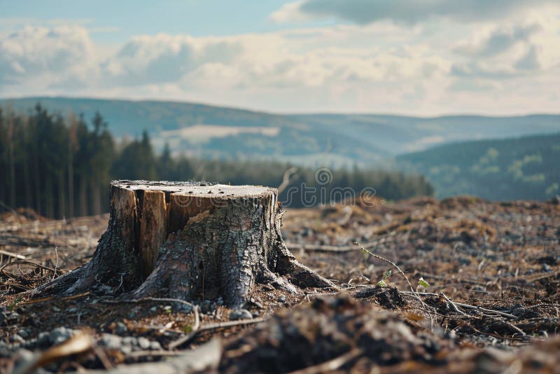 Tree Stump Empty Landscape and Forest in Background. Deforestation ...
