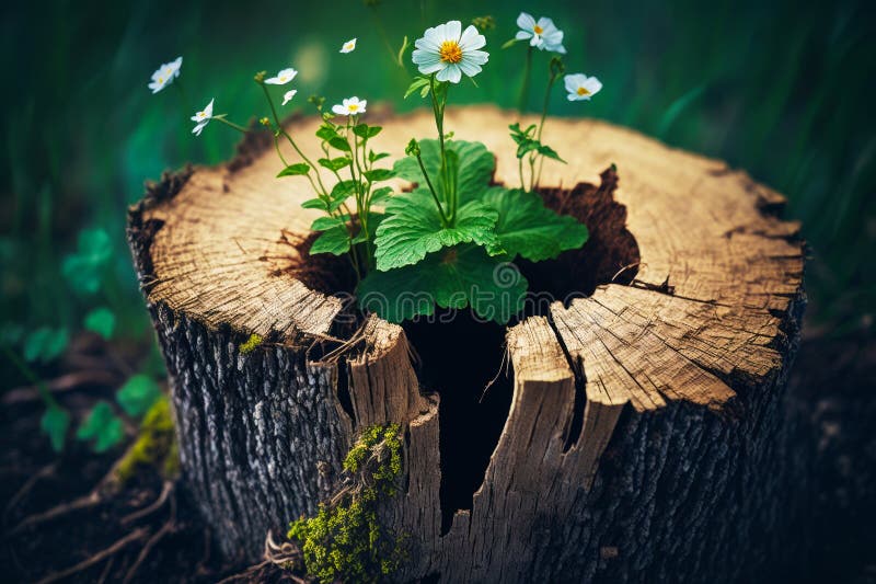 Tree Stump with Flowers Growing Out of it. Generative AI Stock ...