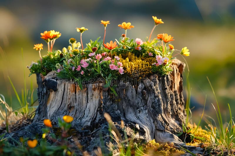 A Tree Stump with Flowers Growing Out of it in the Grass Stock Image ...