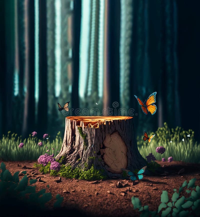 A Tree Stump in a Forest with Butterflies, Product Podium, Generative ...