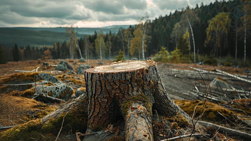 Tree Stump in Forest Clearing, Autumn Atmosphere. Environmental Impact ...