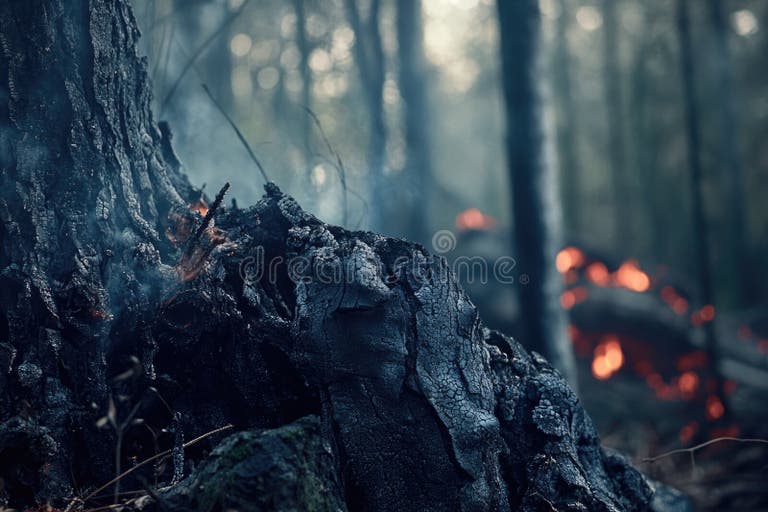 A Tree Stump in a Forest Surrounded by Trees and Flames from a Distant ...