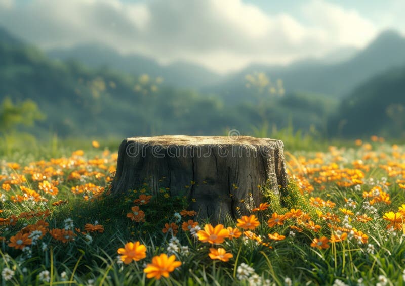 A Tree Stump in a Grassy Field Stock Photo - Image of generated, field ...