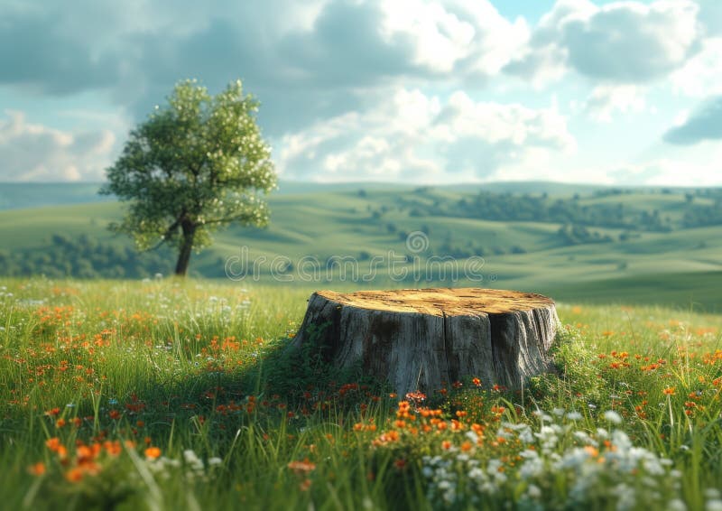 A Tree Stump in a Grassy Field Stock Photo - Image of spring, forest ...