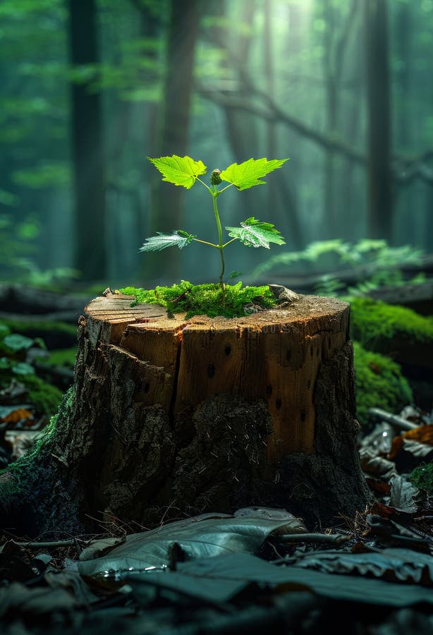 A Tree Stump with a Green Sprout Growing from it Stock Image - Image of ...
