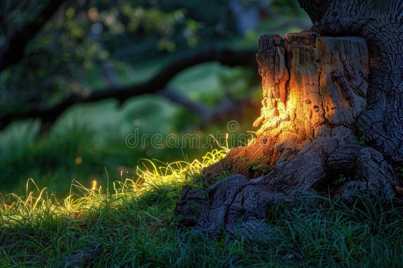 A Tree Stump Lit by a Beam of Light, Perfect for Use in Scenes about ...