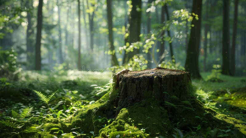 Tree Stump in a Lush Green Forest, Sunlight Filtering through Trees ...
