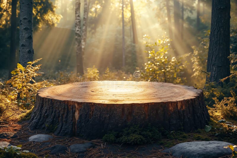 A Tree Stump in the Middle of a Forest with the Sun Shining through the ...