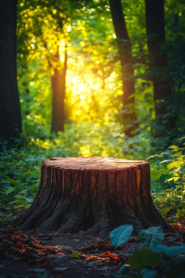 A Tree Stump in the Middle of a Forest with the Sun Shining through the ...