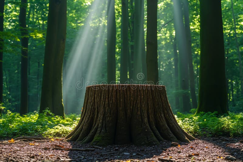 A Tree Stump in the Middle of a Forest with Sunbeams Shining through ...