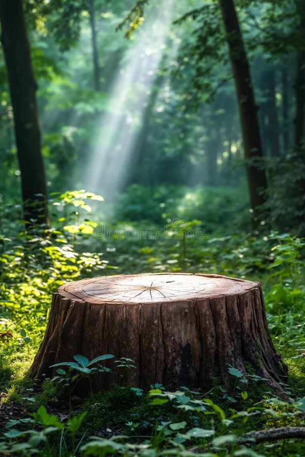 A Tree Stump in the Middle of a Forest with Sunlight Shining through ...