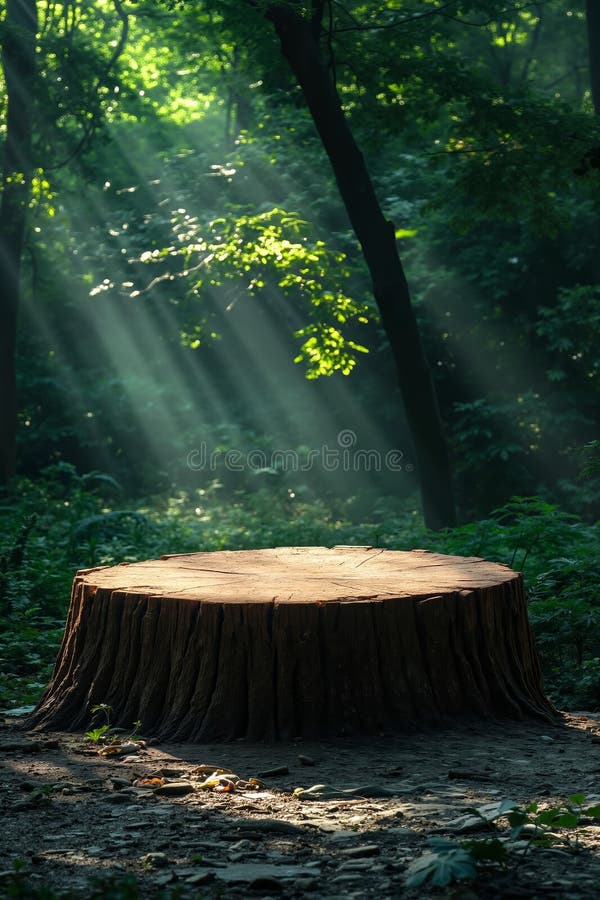 A Tree Stump in the Middle of a Forest with Sunlight Shining through ...